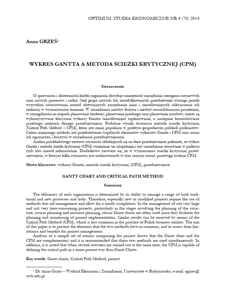 Wykres Gantta A Metoda Ścieżki Krytycznej (CPM) | PDF