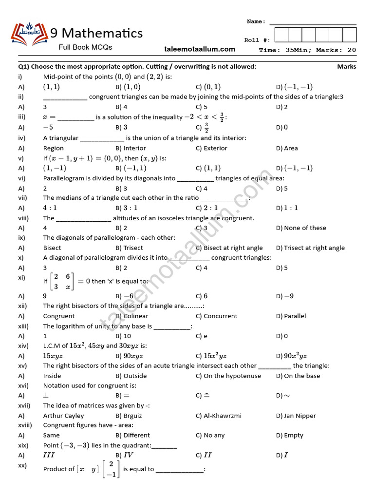 9 Mathematics - Full Book MCQs English | PDF | Triangle | Elementary ...