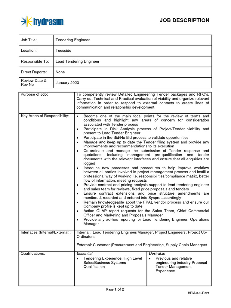 Tender Engineer - January 2023 | PDF | Procurement | Business