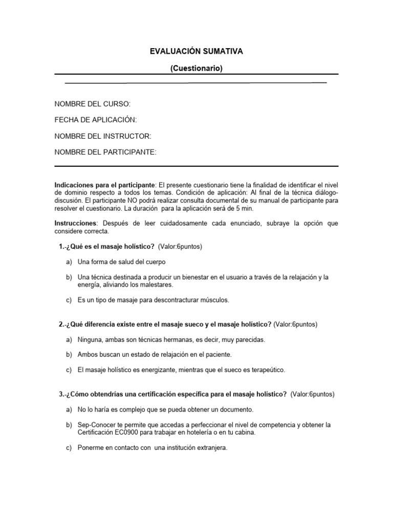 Evaluacion Sumativa | PDF | Masaje | Cuestionario