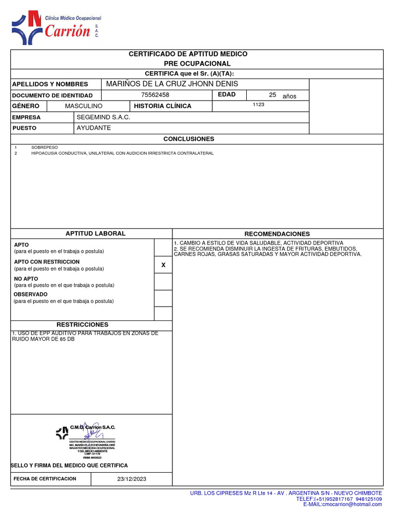 Emo - Mariños de La Cruz Jhonn Denis 23-12-2023 | PDF | Examen físico ...