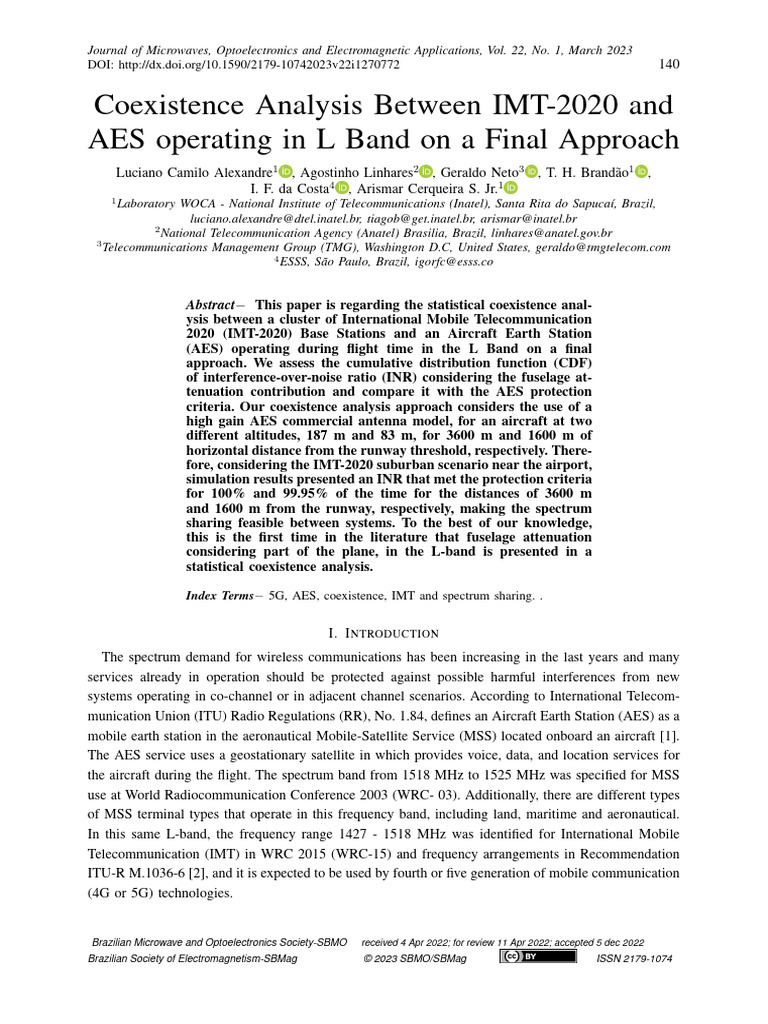 Coexistence Analysis Between IMT-2020 and AES Operating in L Band On A Final Approach | PDF ...