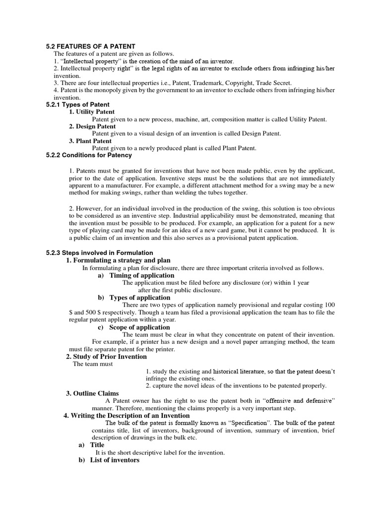 Features of a Patent | PDF | Patent Application | Patent