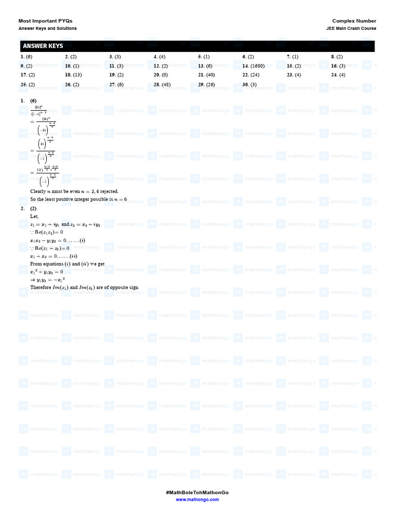 Solution Most Important PYQs Complex Number JEE Main Crash Course MathonGo | PDF