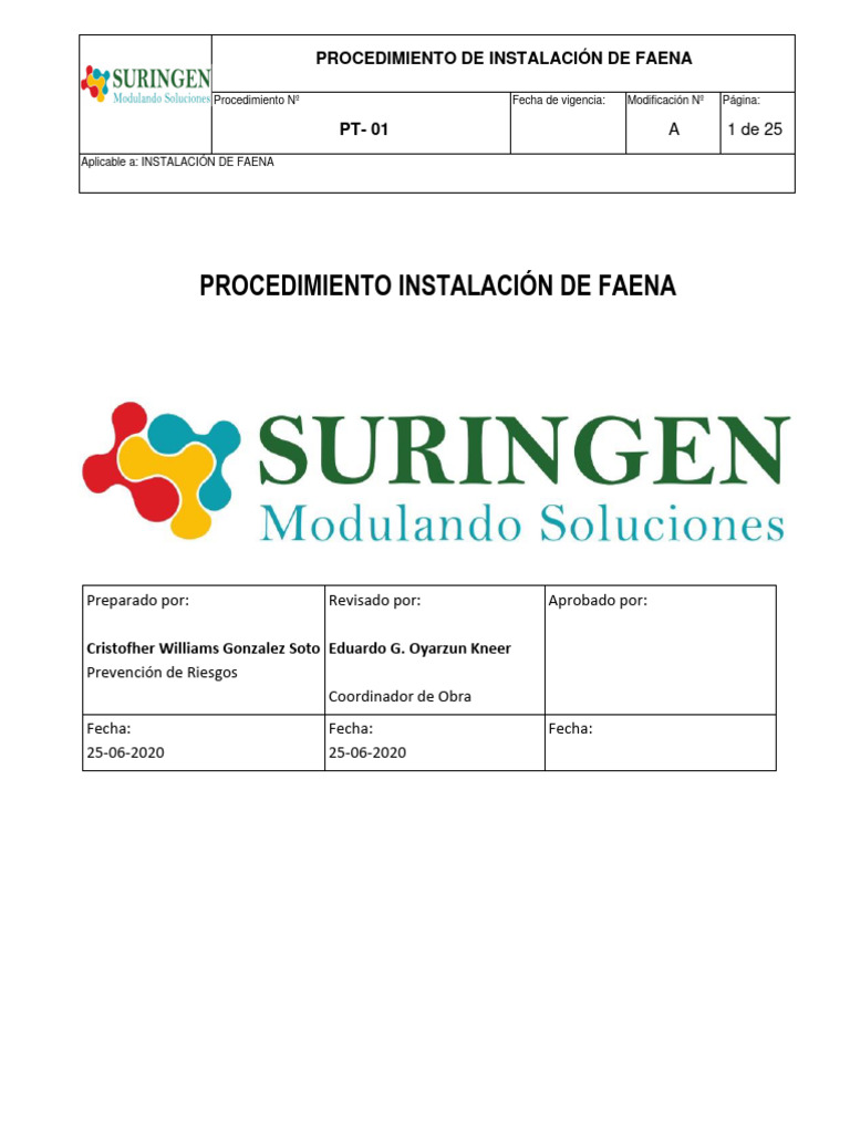 PT - 01 Rev.A Instalación de Faena Provisoria | PDF | Residuos | Naturaleza