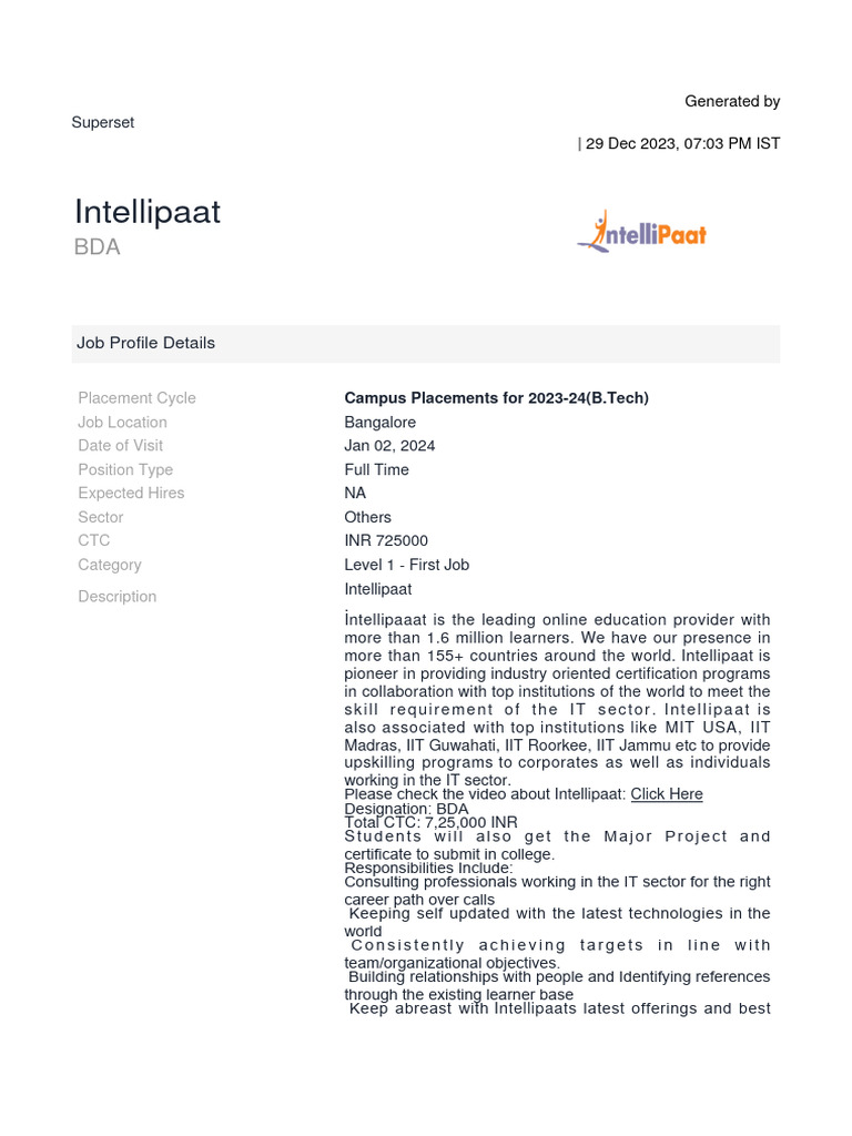 Intellipaat: Job Profile Details | PDF