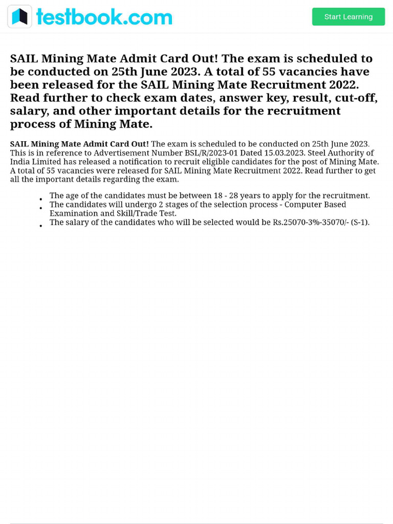 SAIL Mining Mate Recruitment 2023exam Info | PDF