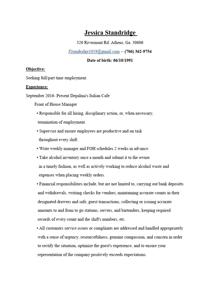 Jessica Resume | PDF | Waiting Staff | Bartender