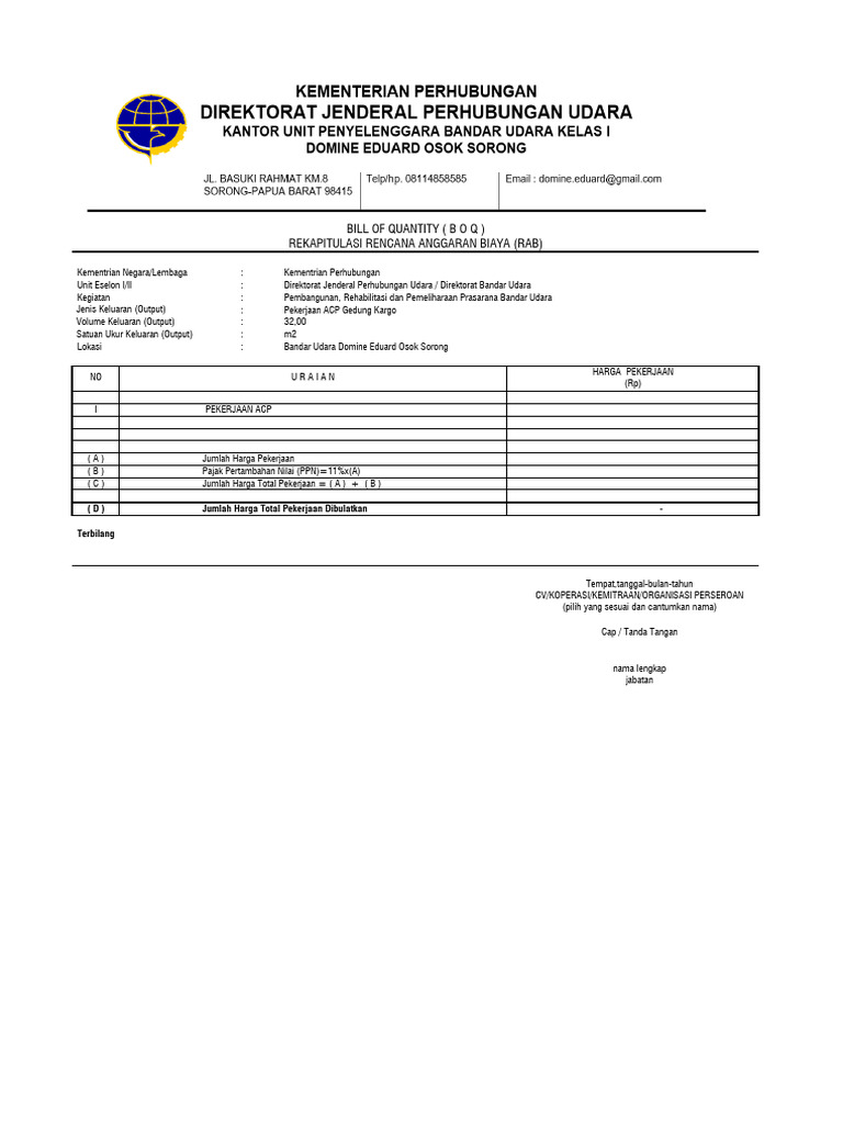 BOQ Pekerjaan ACP Gedung Kargo Sorong | PDF