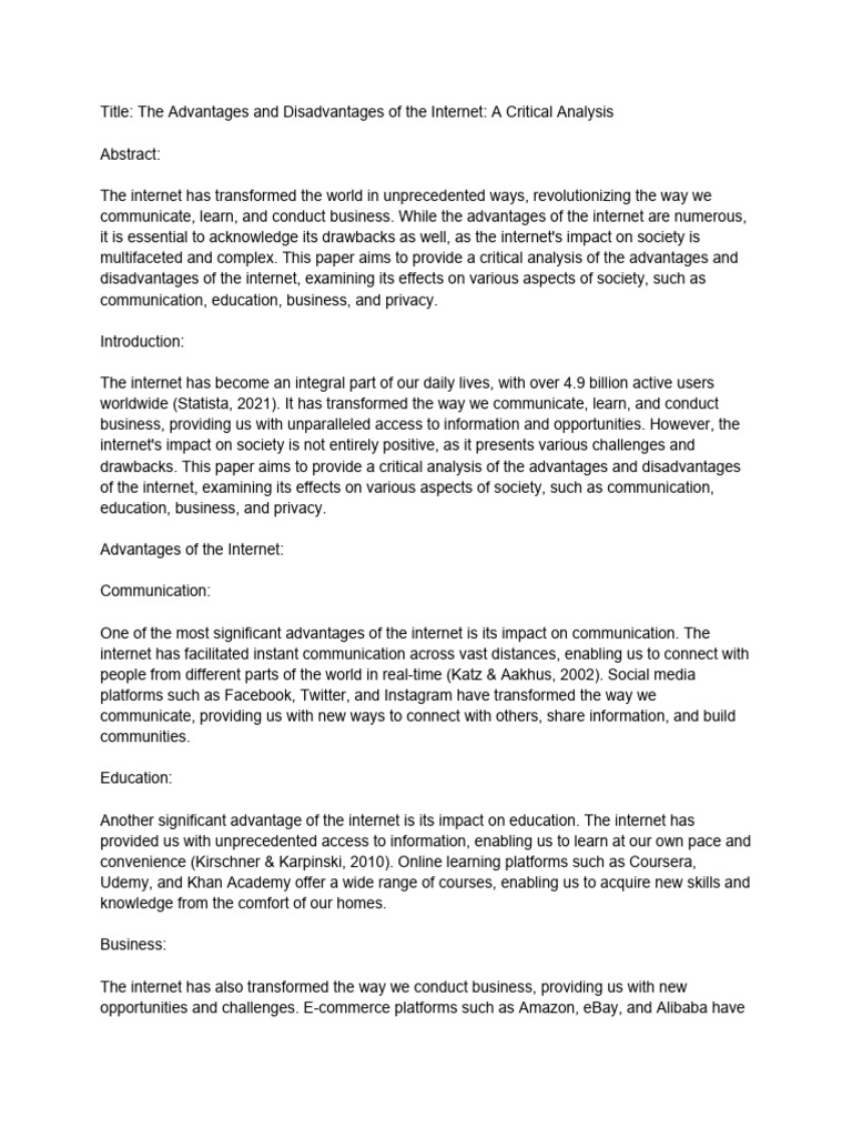 Title - The Advantages and Disadvantages of The Internet - A Critical Analysis | PDF | Internet ...