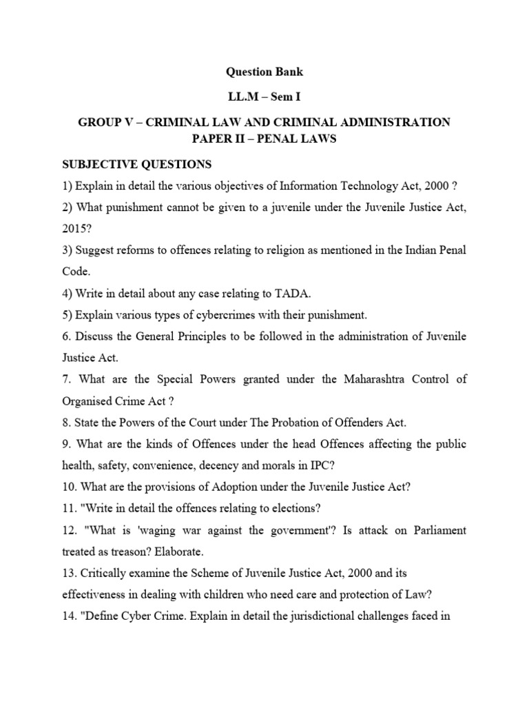 Paper II Penal Laws Question Bank 1 | PDF | Crimes | Crime & Violence