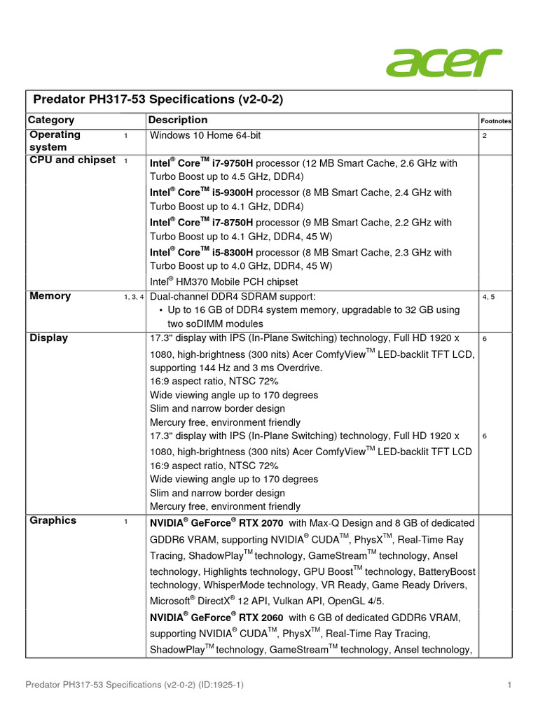 Acer Predator ph317-53 Specs | PDF | Intel | Graphics Processing Unit
