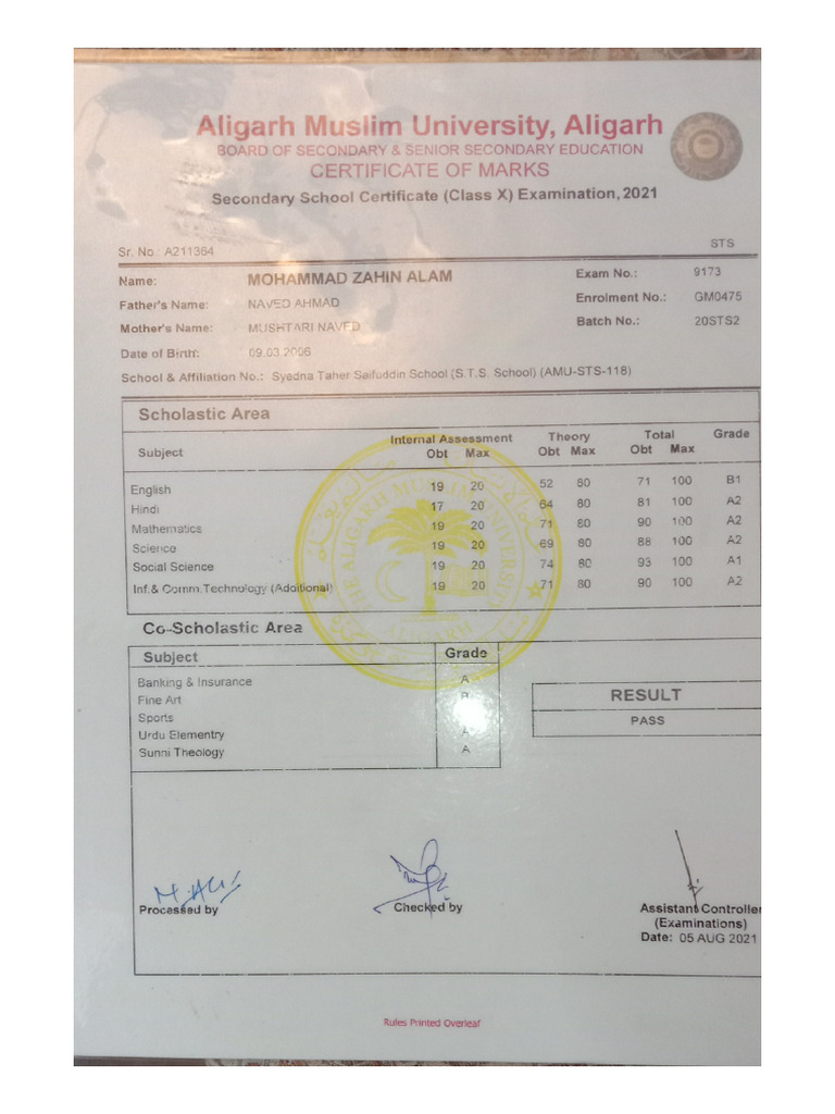 Class X Marksheet | PDF
