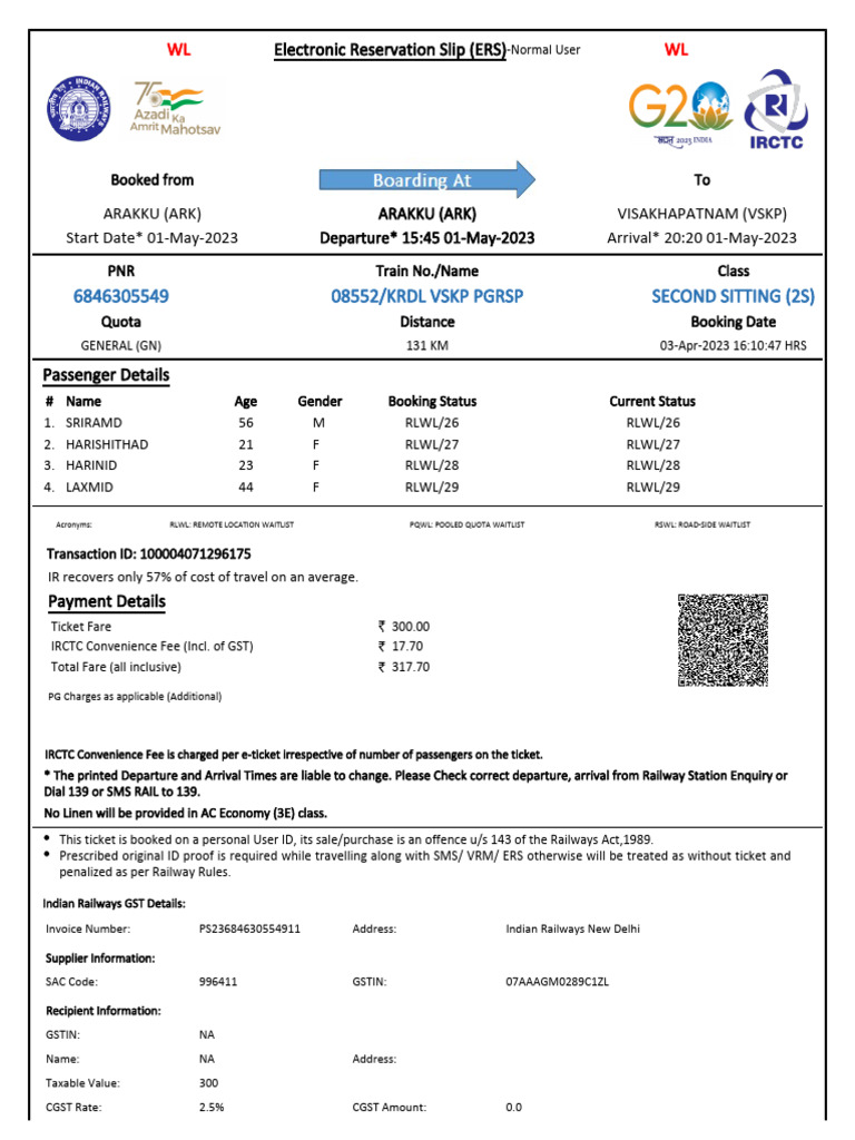 08552/Krdl VSKP PGRSP Second Sitting (2S) : WL WL | PDF | Identity Document