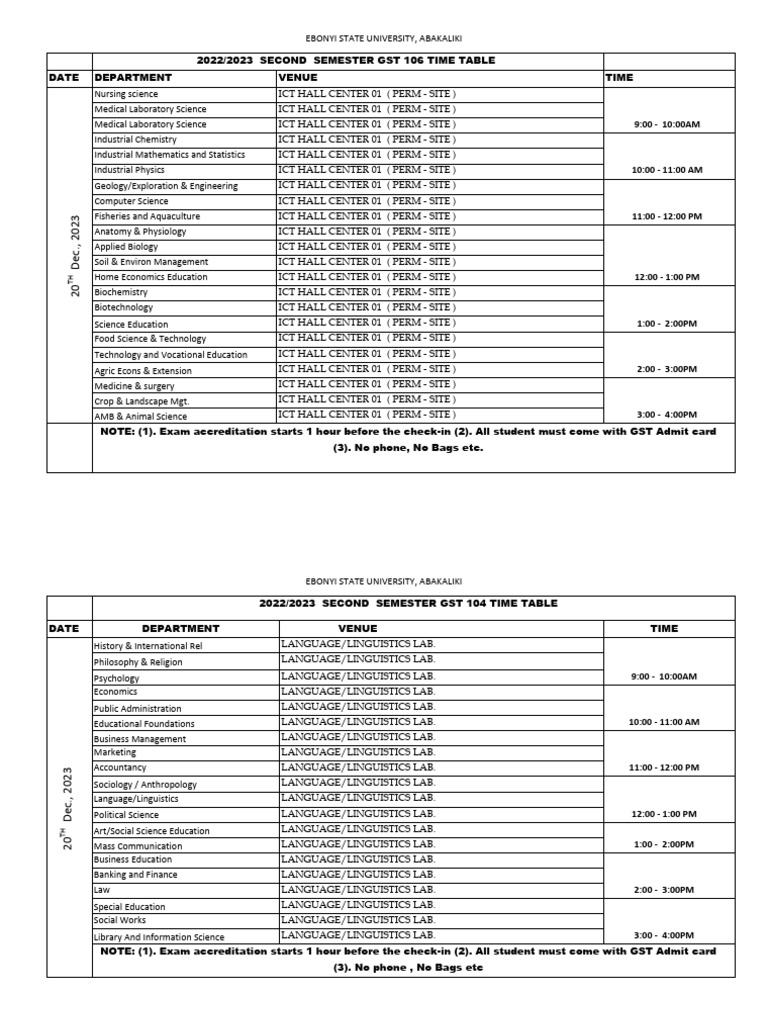 CBT GST TIMETABLE GST 104-106 .Docx 2022-2023 | PDF