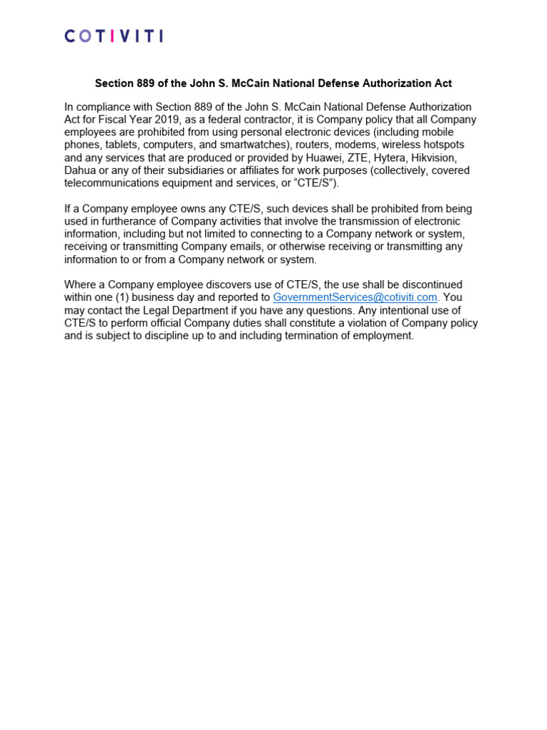 Section 889 of The John S McCain National Defense Authorization Act ...