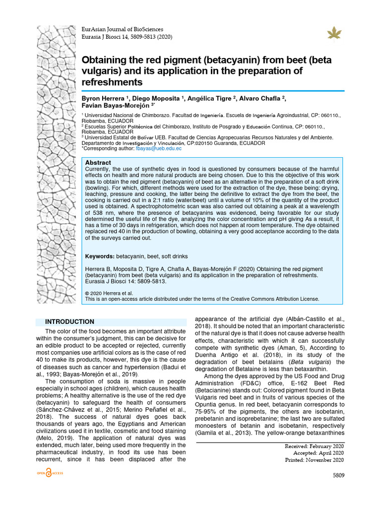 Obtaining The Red Pigment Betacyanin From Beet Beta Vulgaris and Its ...