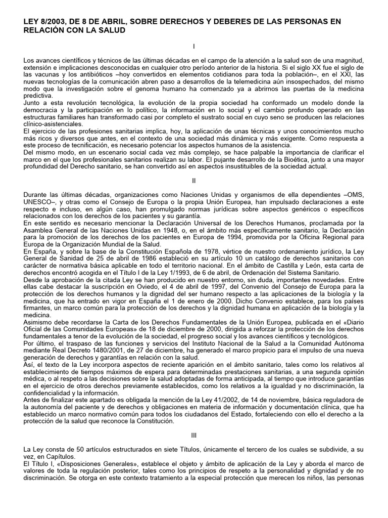 Ley 8 2003 de 8 de Abril Sobre Derechos y Deberes de Las Personas en ...