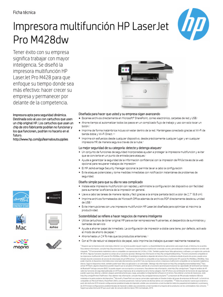 Impresora Multifunción HP Laserjet Pro M428Dw: Ficha Técnica | PDF | Impresora (Computación ...