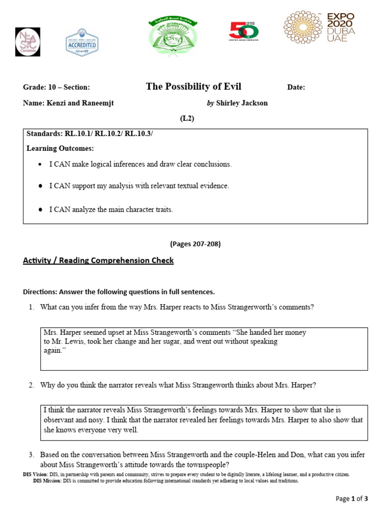 The Possibility of Evil Worksheet (L2) | PDF | Cognition