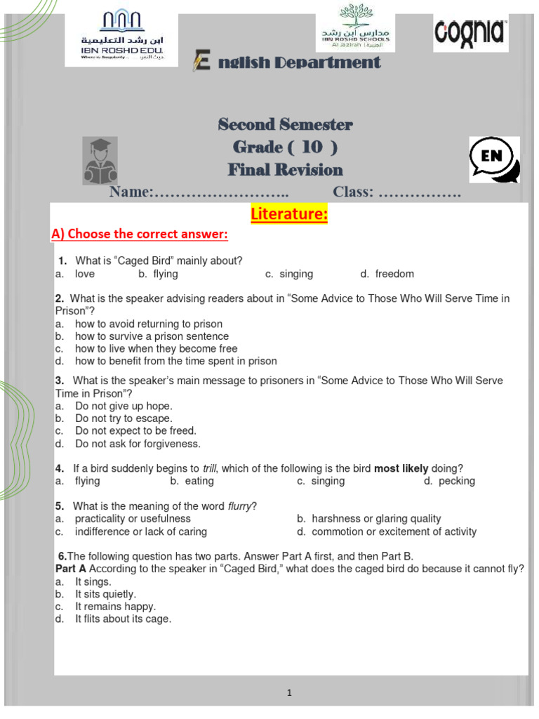 2nd Semester English Revision. Grade 10 | PDF | Adverb | Adjective