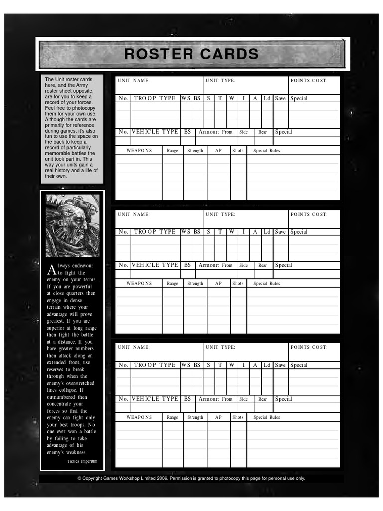 WarHammer 40K (Reference) Roster Cards | PDF