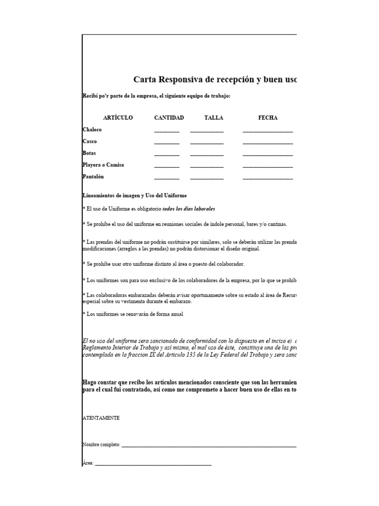 Carta Responsiva Asig y Uso Uniforme | PDF | Tecnología