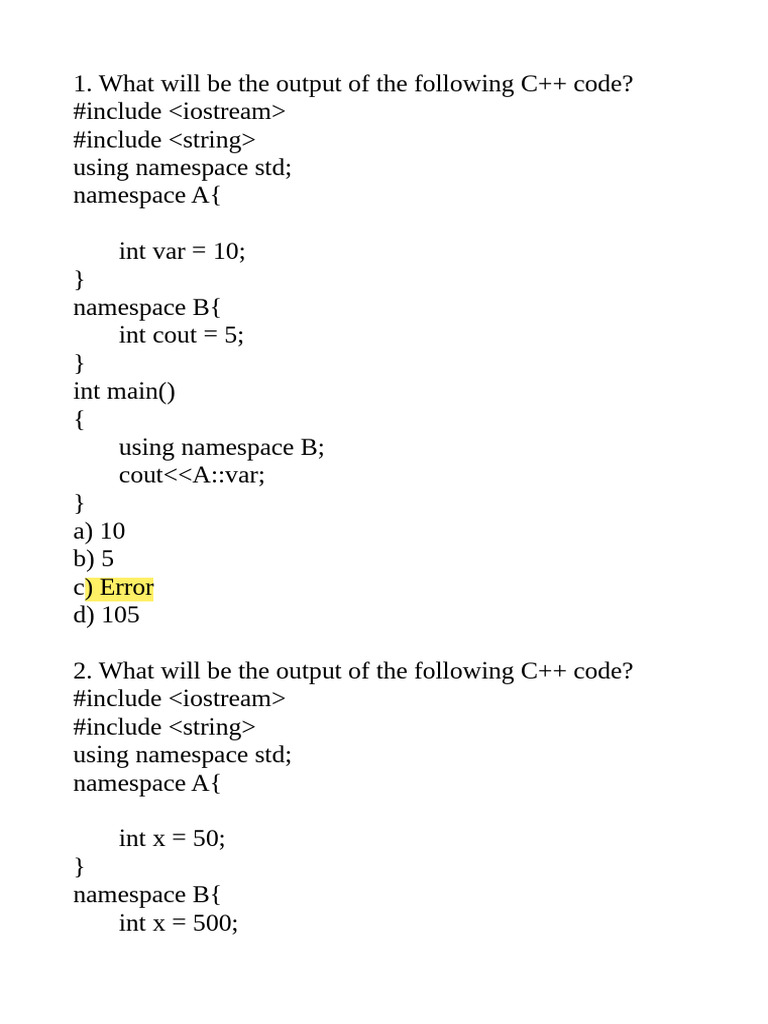 C Code Output Quiz Pdf Namespace Computer Science