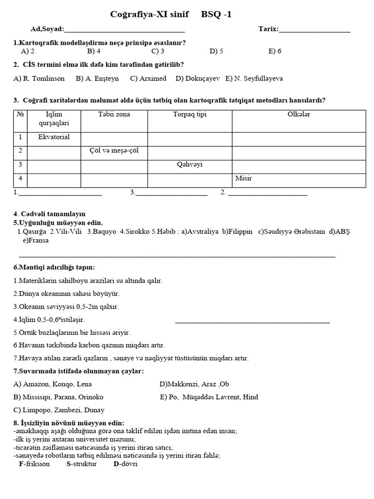 Coğrafiya XI BSQ-1 | PDF
