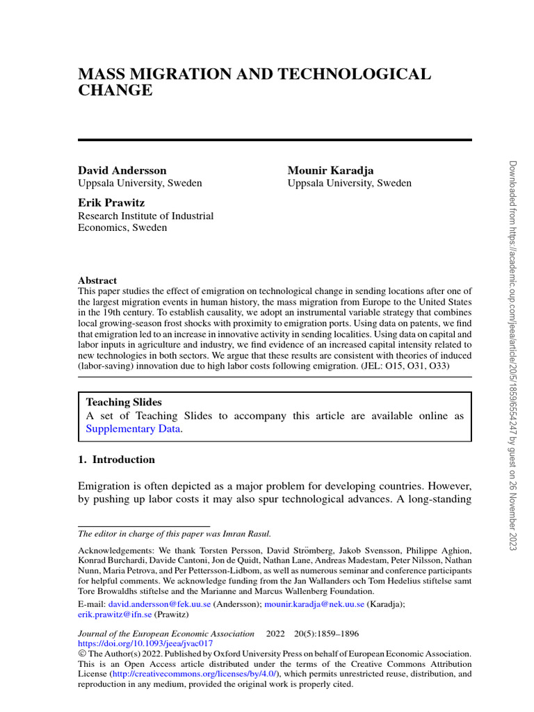 Mass Migration and Technological Change | PDF | Patent | Human Migration