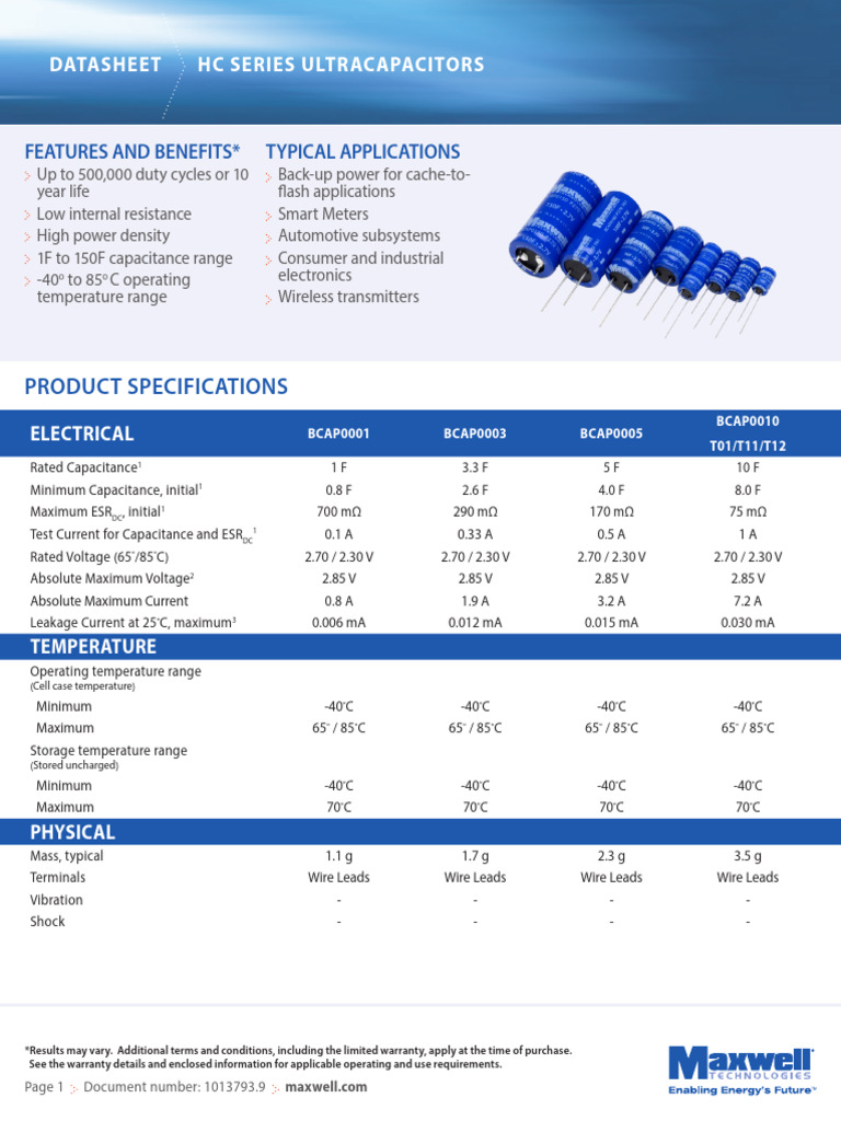 Maxwell HCSeries DS 1013793-9-1179788 | PDF | Capacitor | Electrical ...