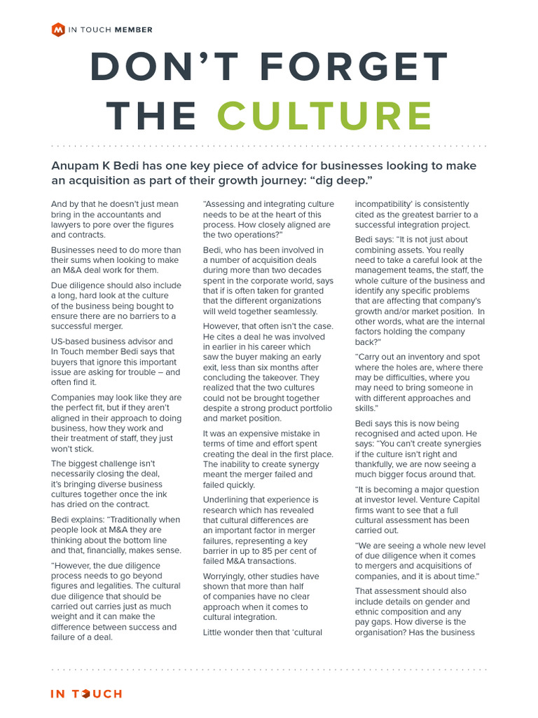 Don't Forget The Culture | PDF | Mergers And Acquisitions | Business