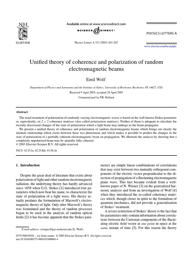 Wolf Coherence 2003 | PDF | Coherence (Physics) | Waves