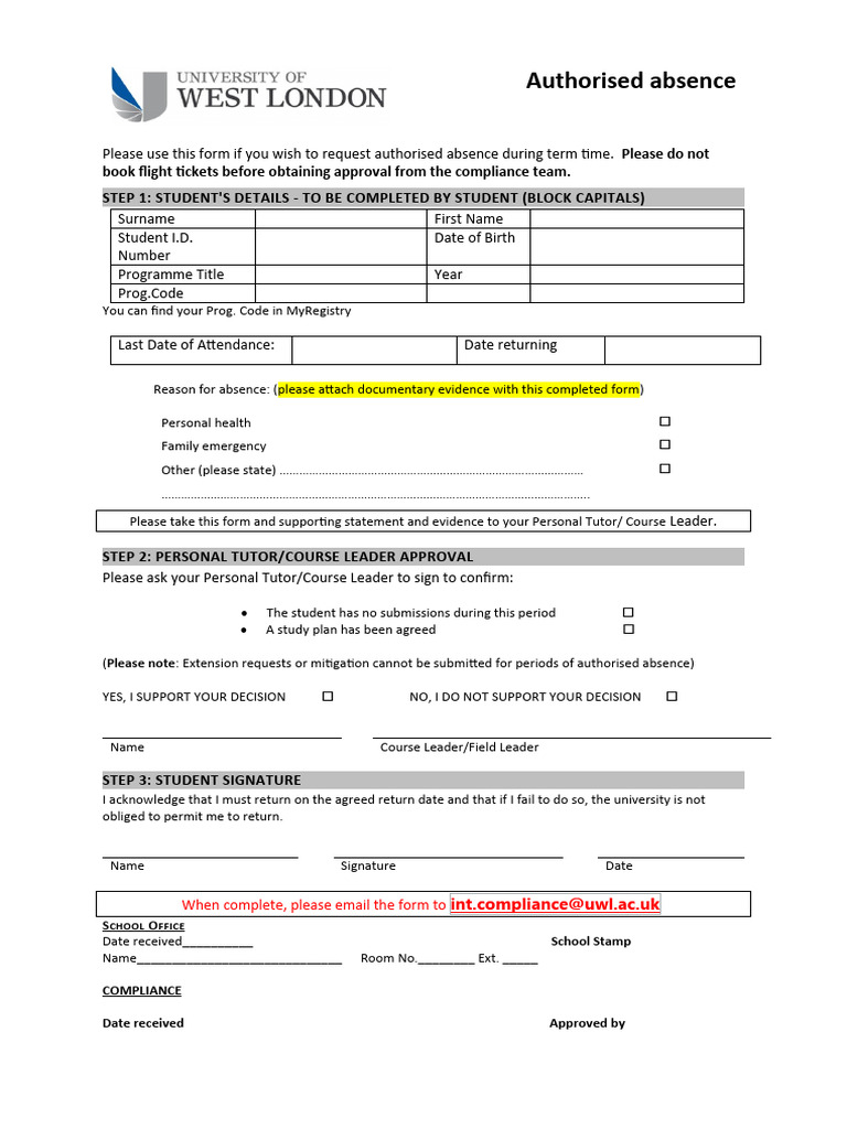 Authorised Absence Form Visa Student | PDF