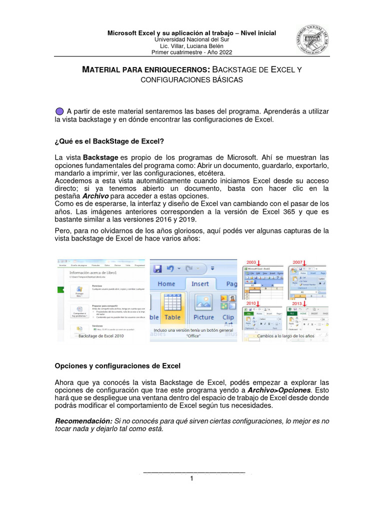 1 Backstage de Excel y Configuraciones Básicas | PDF | Microsoft Excel | Microsoft Office