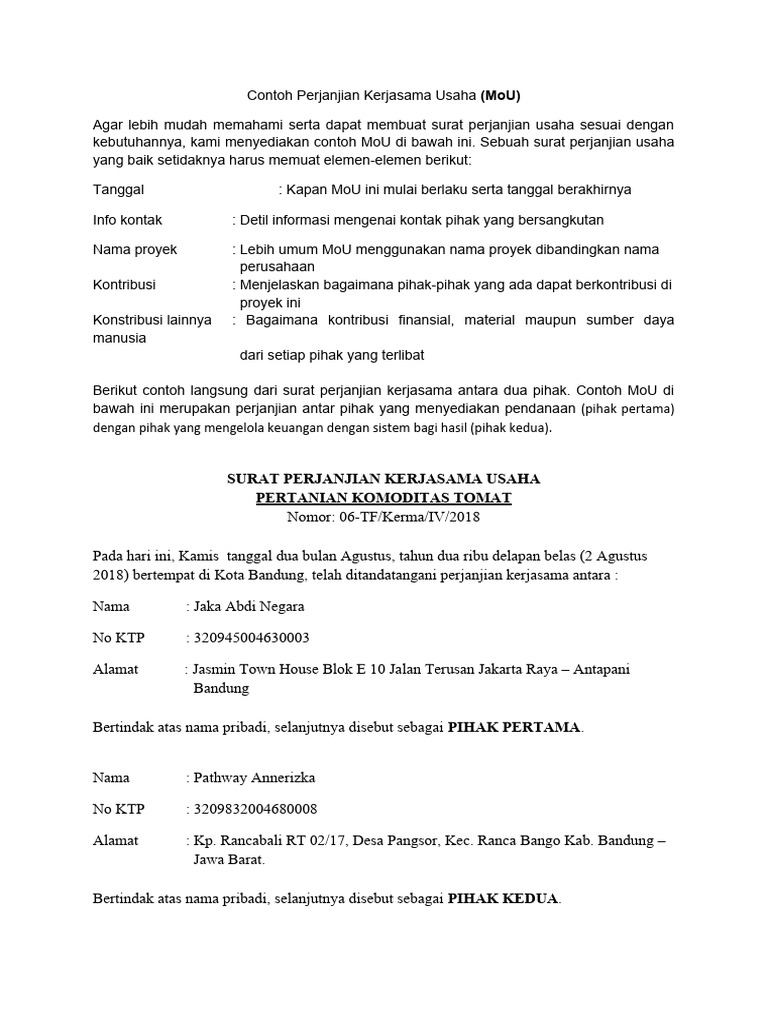 Contoh Perjanjian Kerjasama Usaha (MoU) | PDF