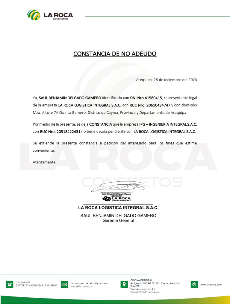 Constancia de No Adeudo - Rli | PDF | Negocios | Finanzas y dinero