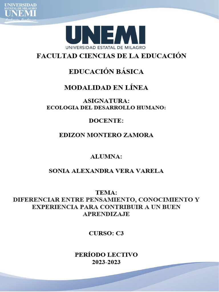 DIFERENCIAR ENTRE PENSAMIENTO, CONOCIMIENTO Y EXPERIENCIA PARA ... DIFERENCIAR ENTRE PENSAMIENTO, CONOCIMIENTO Y EXPERIENCIA PARA ...