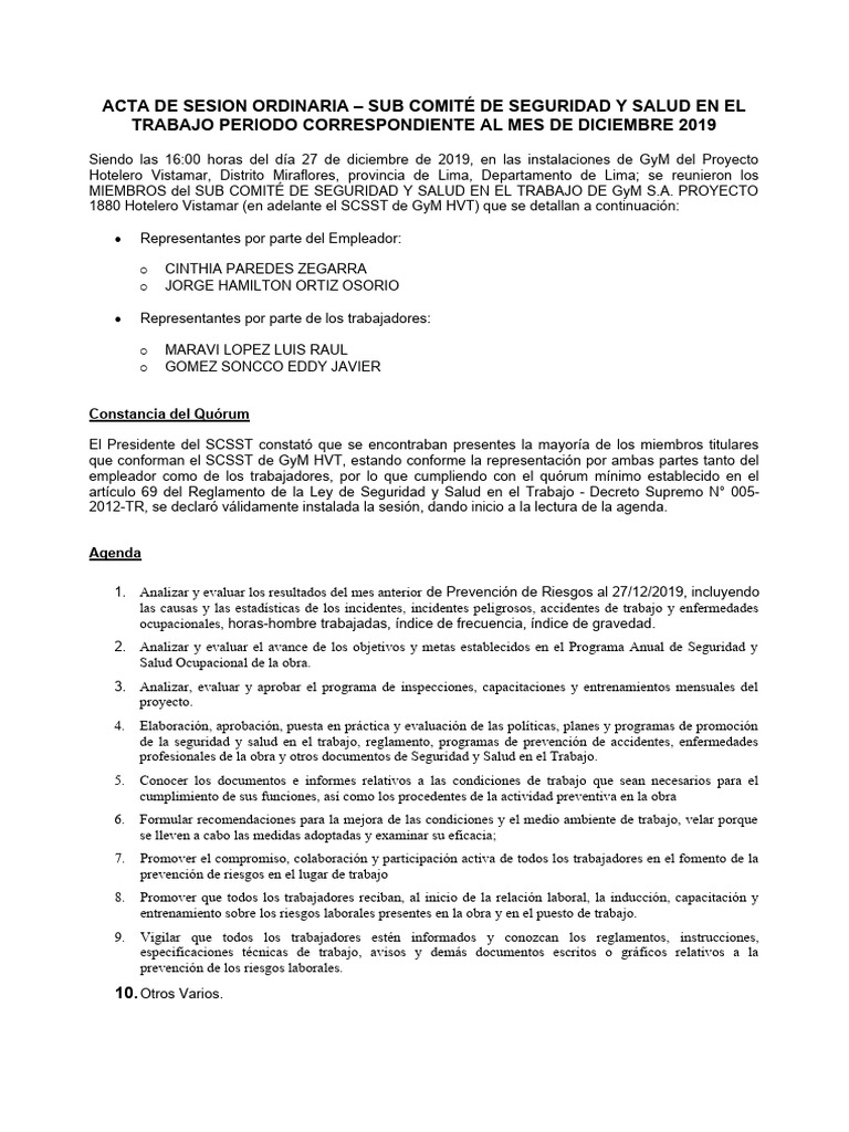 Acta de Sesion Ordinaria SCSST Diciembre | PDF | Seguridad y salud ocupacional