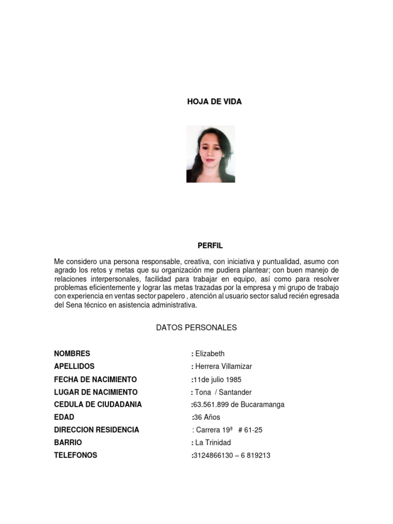 Hoja de Vida Elizabeth 2022 | PDF