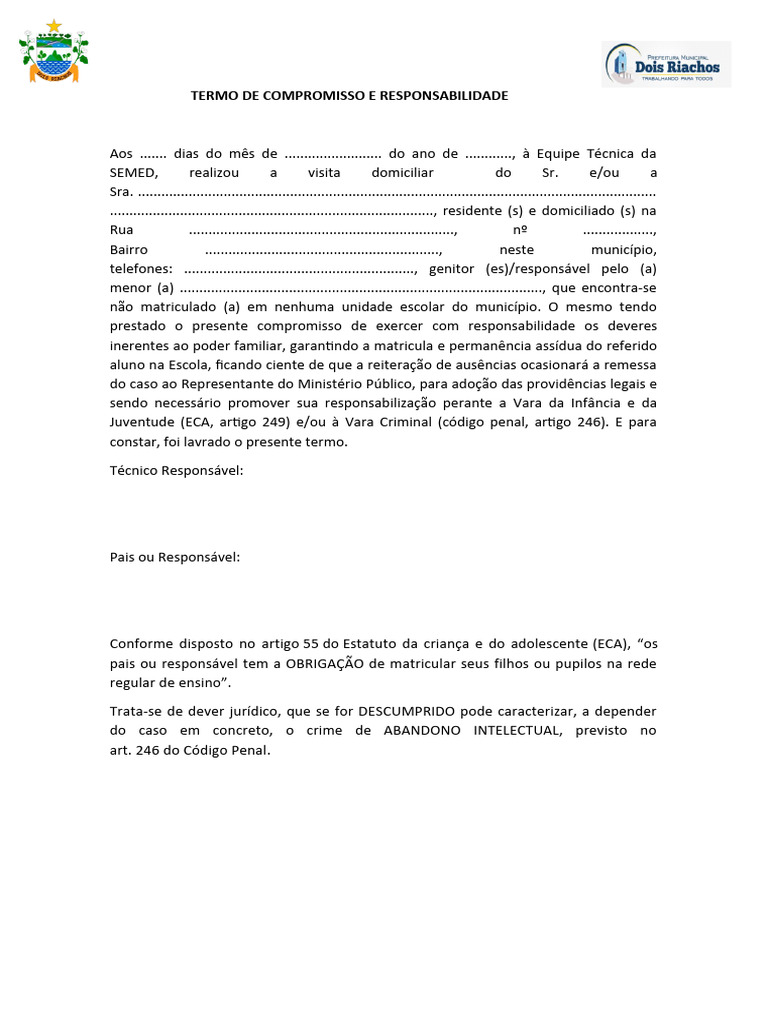 TERMO DE COMPROMISSO E RESPONSABILIDADE | PDF