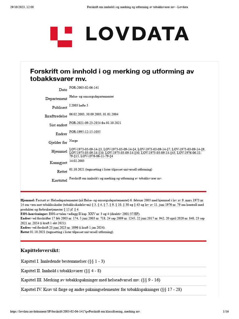 Forskrift Om Innhold I Og Merking Og Utforming Av Tobakksvarer MV ...