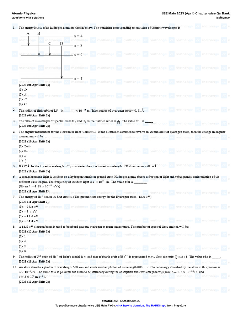 Atomic Physics - JEE Main 2023 April Chapterwise PYQ - MathonGo | PDF