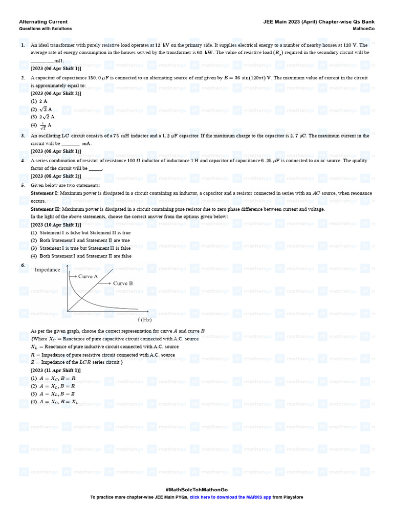 Alternating Current - JEE Main 2023 April Chapterwise PYQ - MathonGo | PDF | Capacitor ...