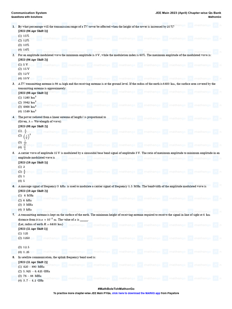 Communication System - JEE Main 2023 April Chapterwise PYQ - MathonGo | PDF | Antenna (Radio ...
