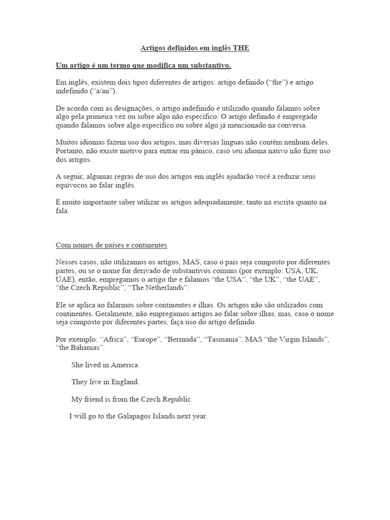 REGRAS GRAMATICAIS PARA Artigo Definido THE | PDF | Língua inglesa ...