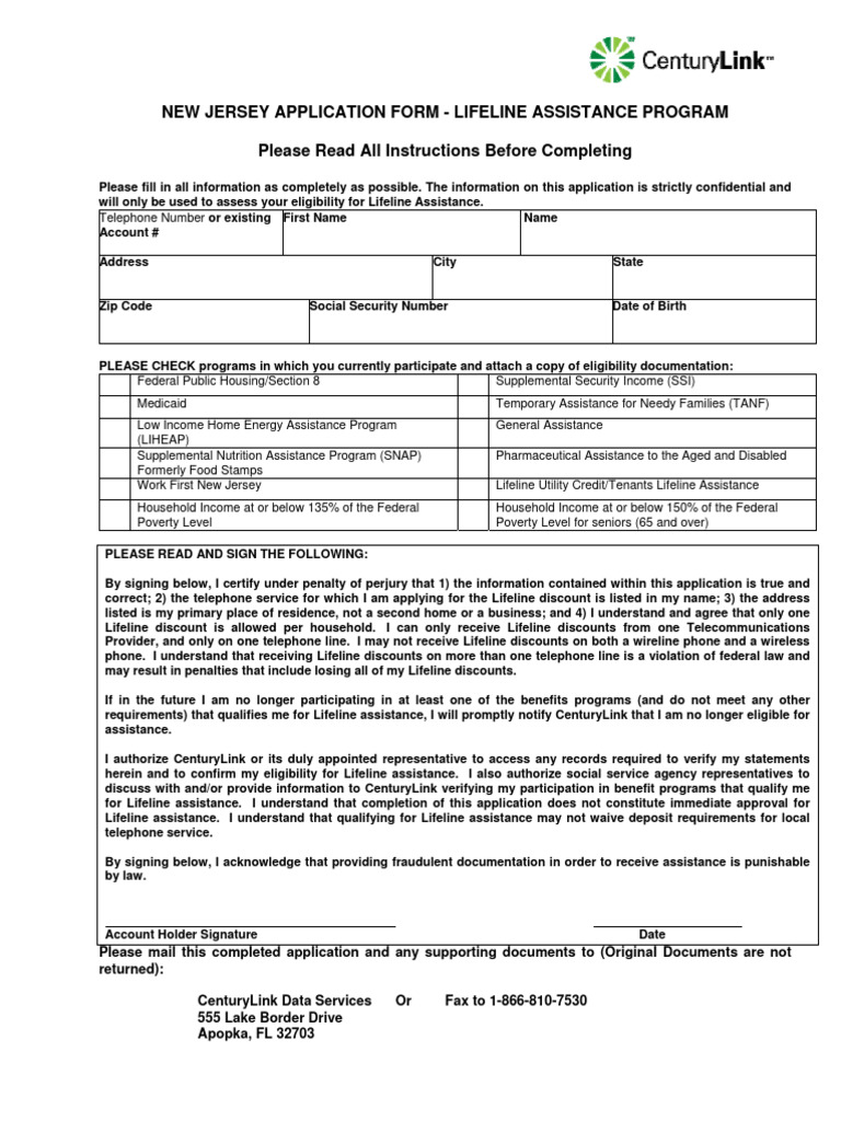 New Jersey Application Form - Lifeline Assistance Program Please Read ...