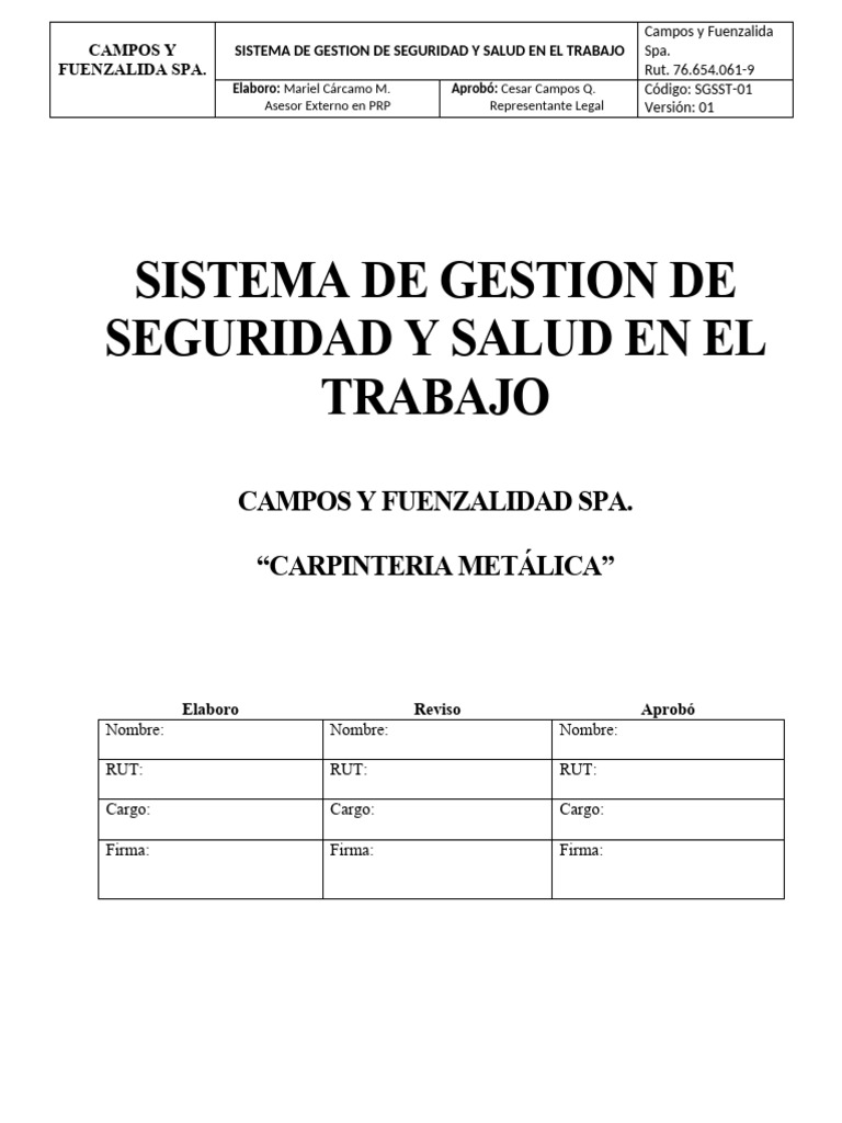 Sistema de Gestion de Seguridad y Salud en El Trabajo | PDF | Seguridad y salud ocupacional ...