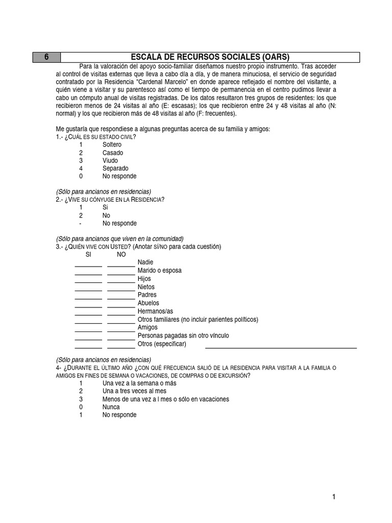 Escala OARS de Recursos Sociales | PDF