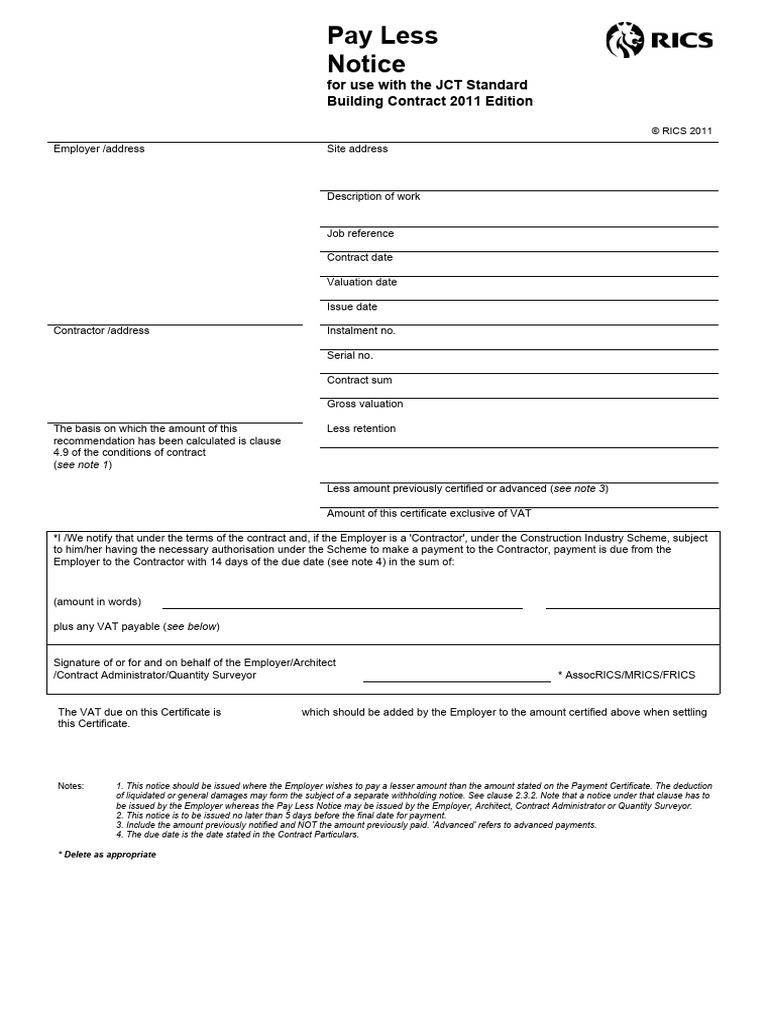 JCT Pay Less Notice Template 2011 | PDF | Employment | Value Added Tax